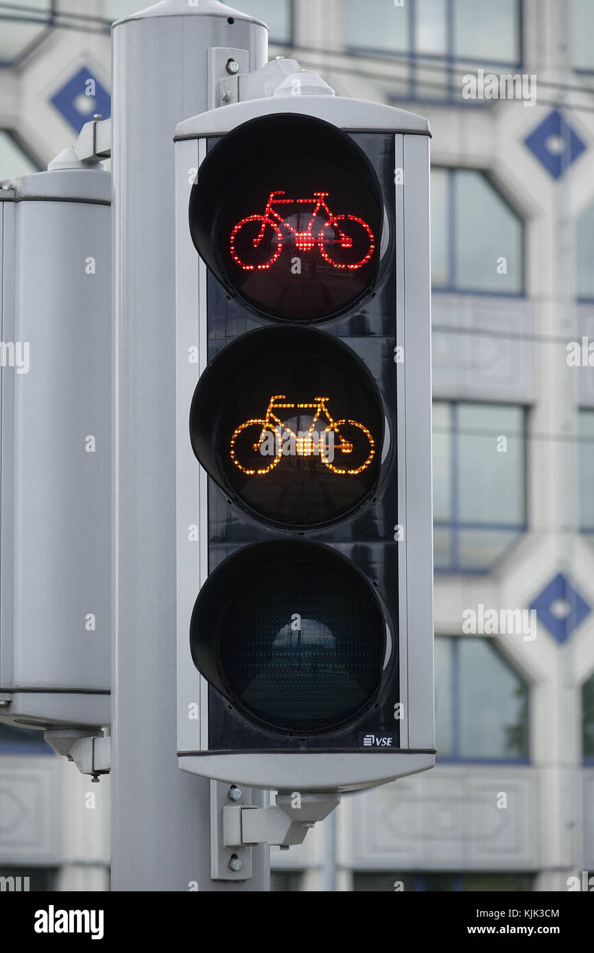 A bicycle traffic light in the Belgian capital Brussels shows the red ...