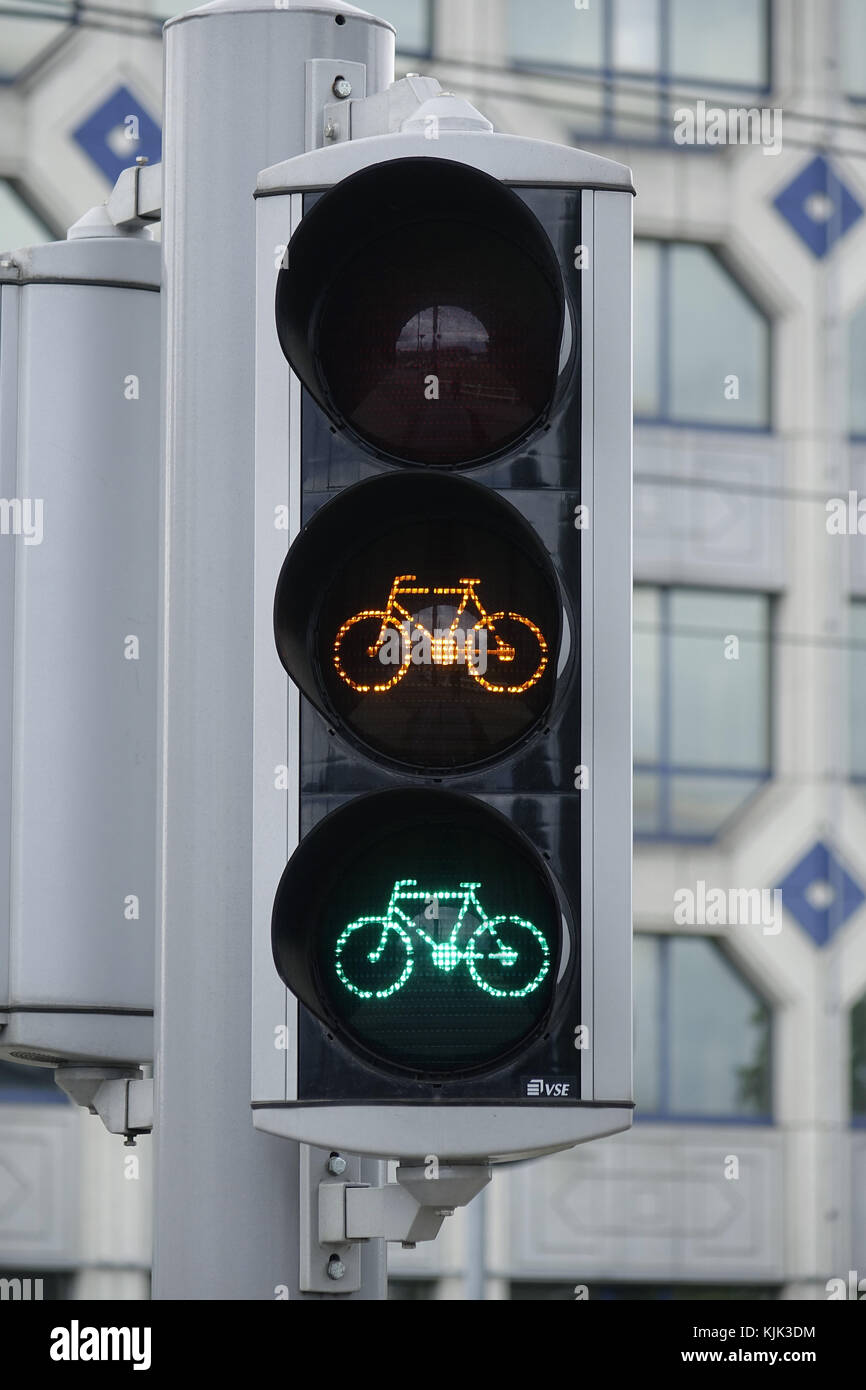 A bicycle traffic light in the Belgian capital Brussels shows the green ...