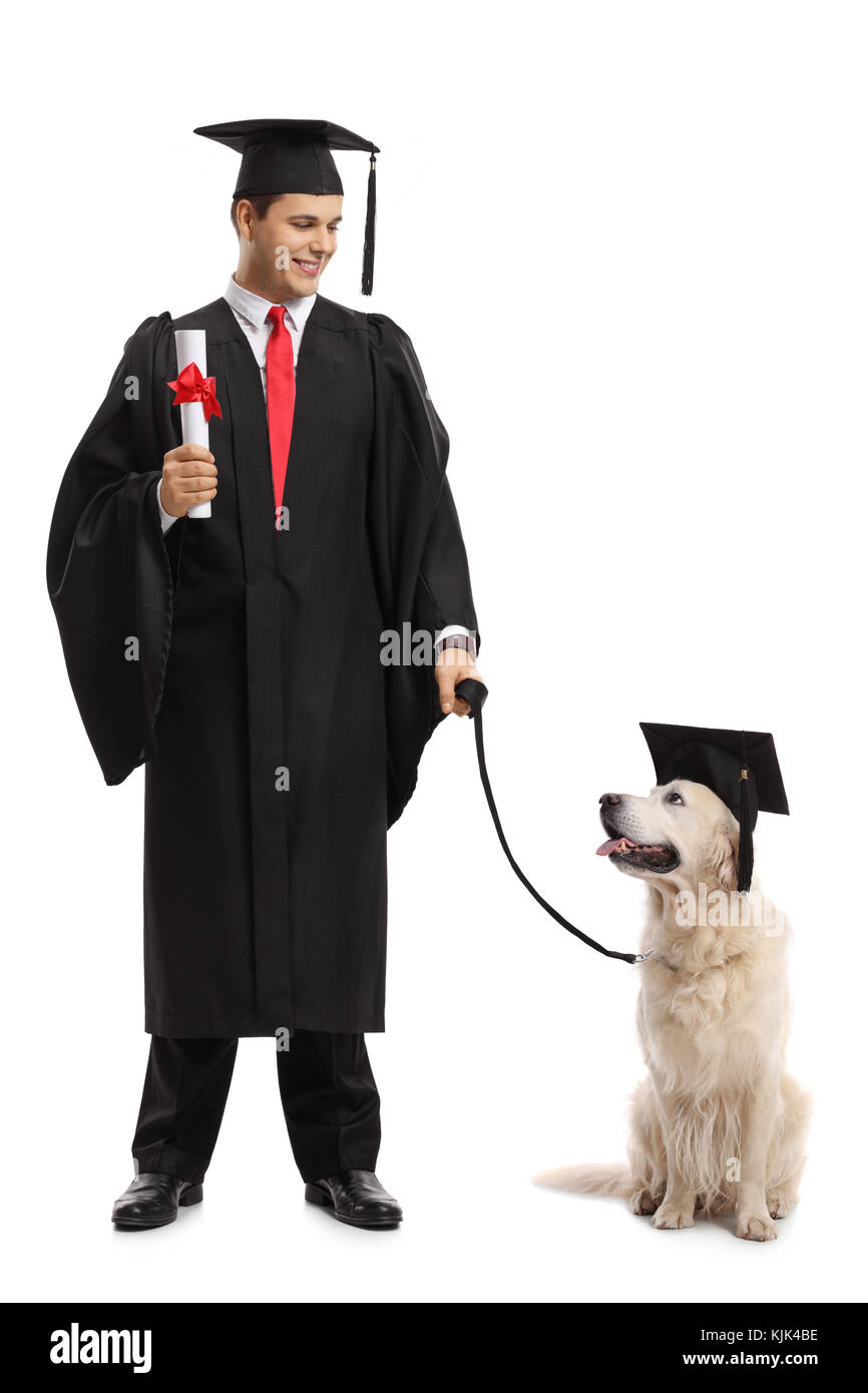 Full length portrait of a graduate student and a dog with a graduation ...