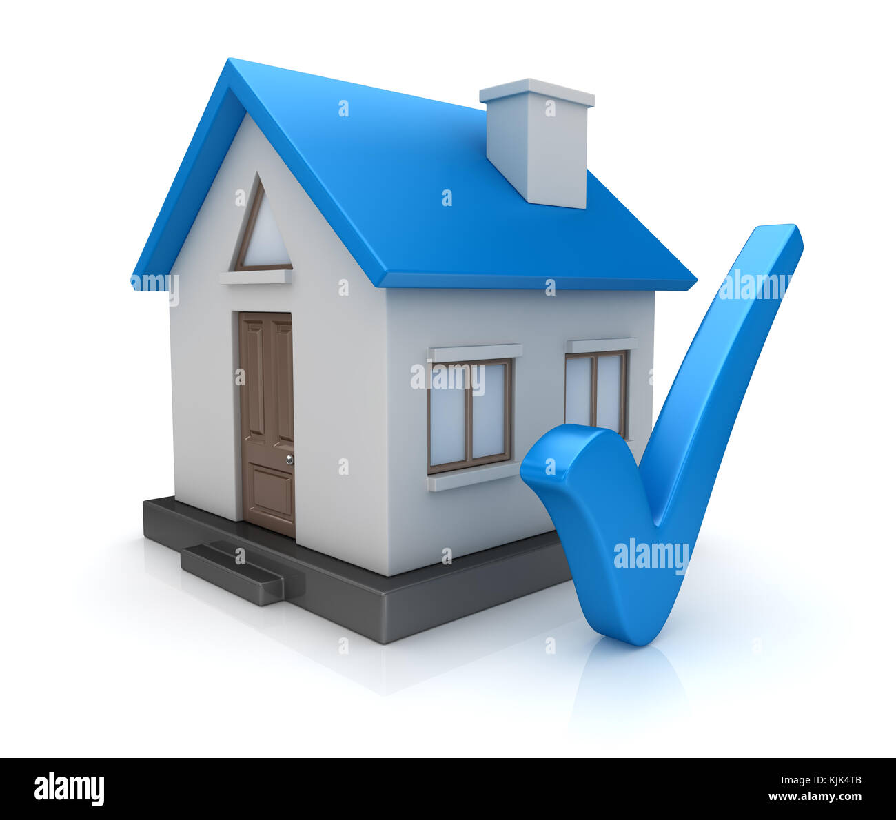 Blue home with check mark symbol. 3d render and computer generated ...