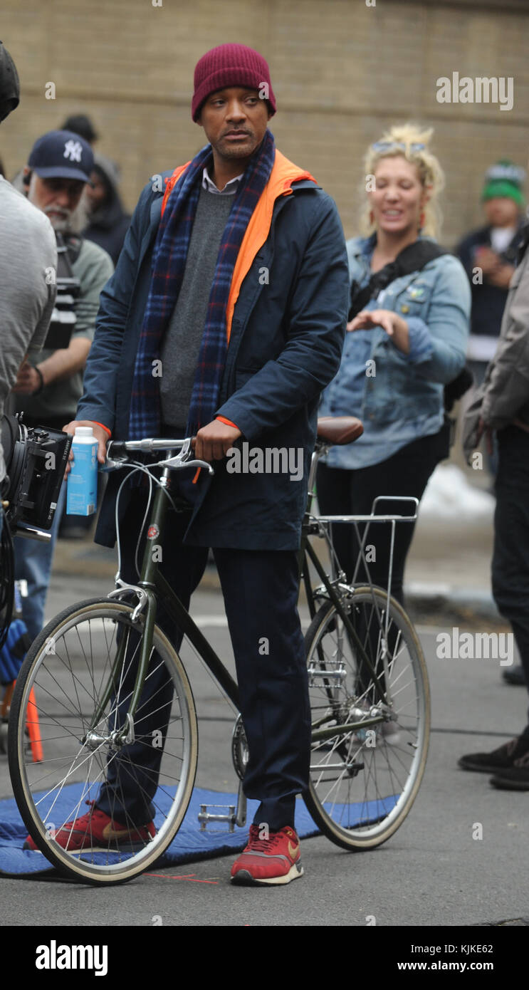 NEW YORK, NEW YORK - MARCH 31: Actor Will Smith rides a bike on the set ...