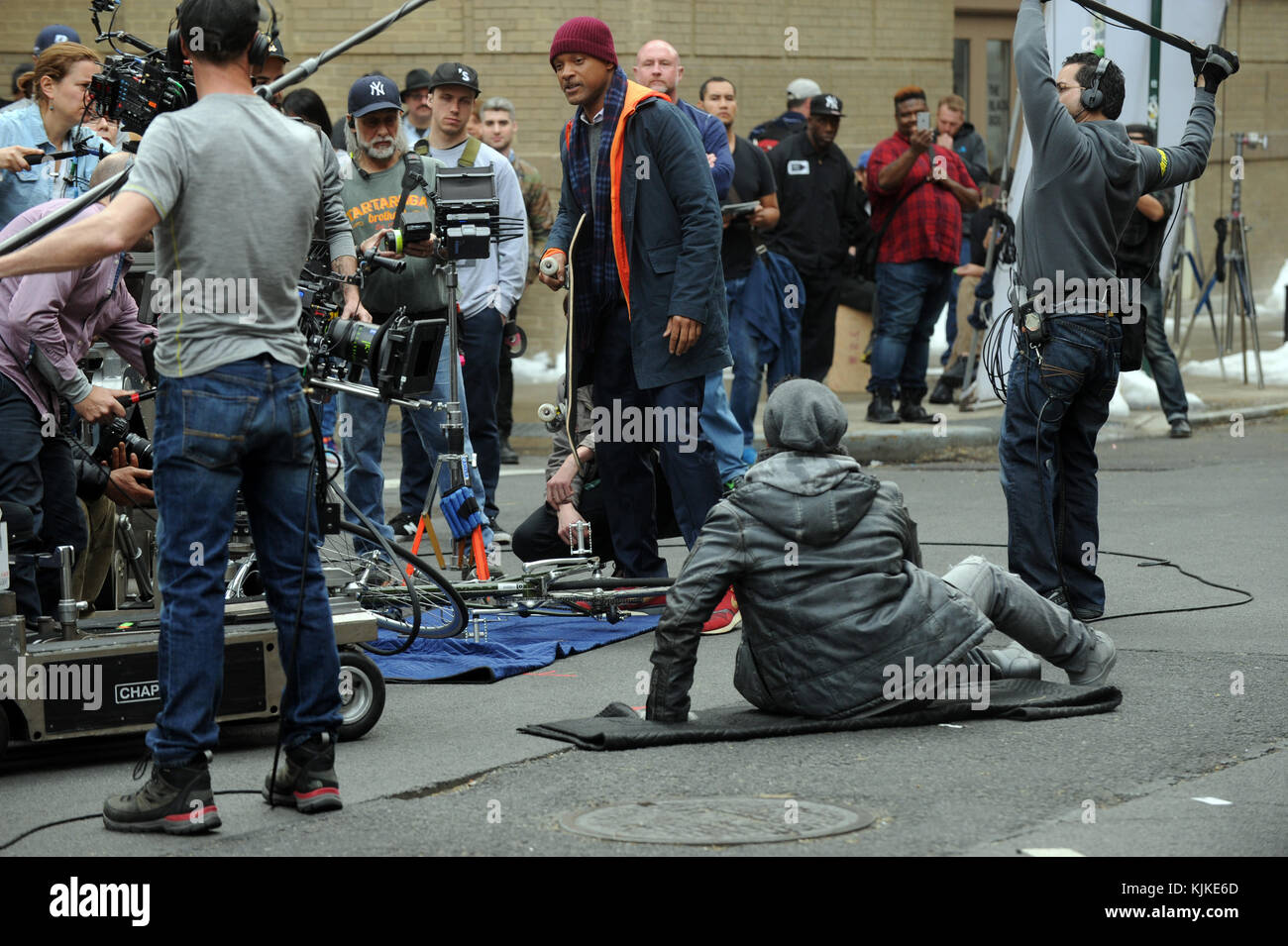 NEW YORK, NEW YORK - MARCH 31: Actor Will Smith rides a bike on the set ...