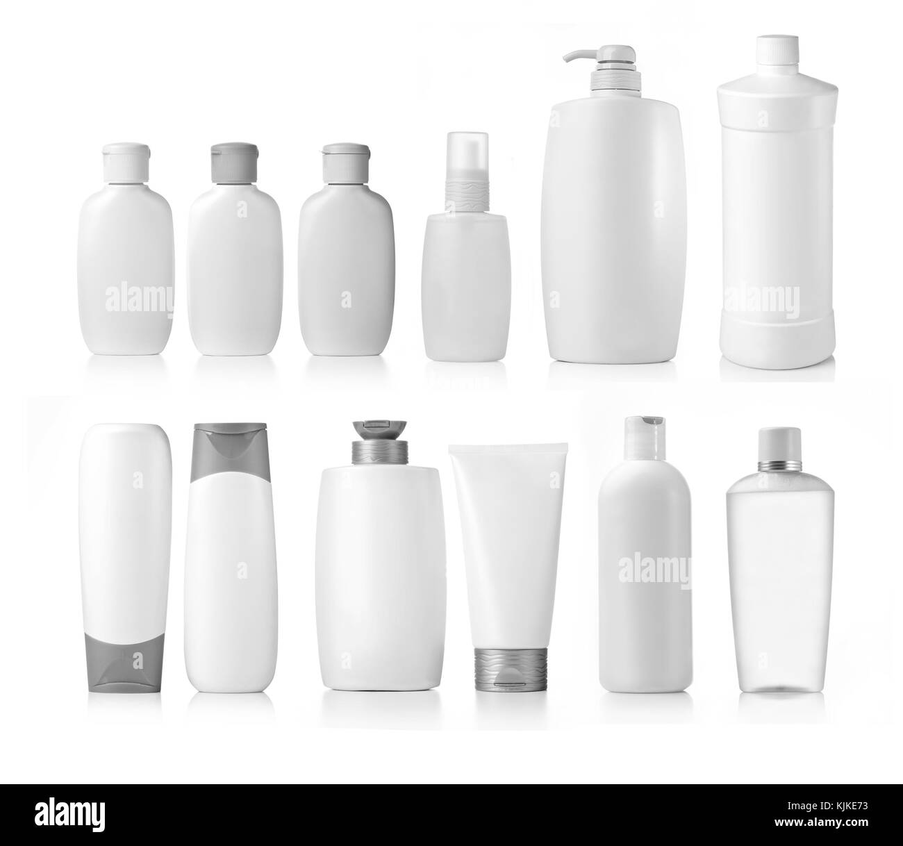 collection of various beauty hygiene containers on white background ...