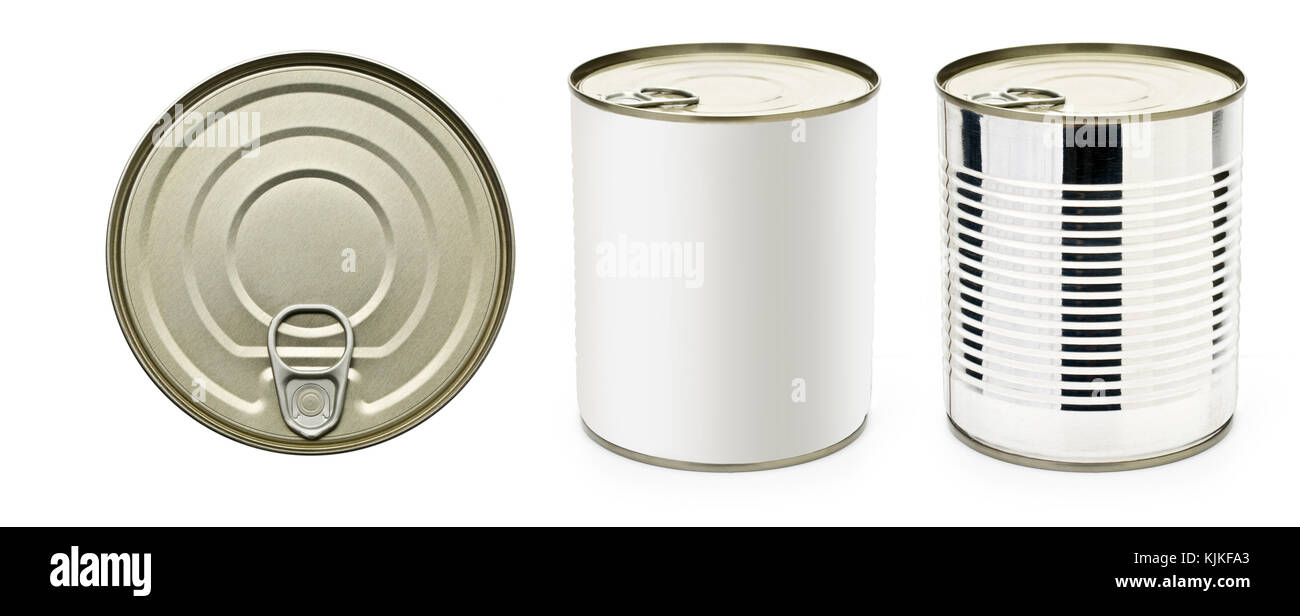 Tin can with ring pull: side, top view. Packaging collection Stock ...