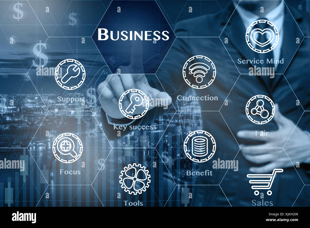 Businessman touching the Business icon with business success tools on ...