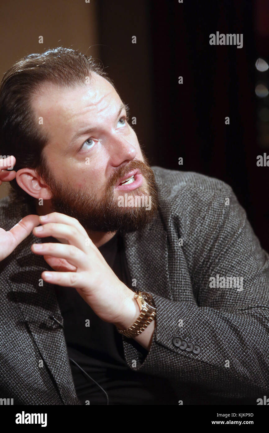 Latvian conductor Andris Nelsons talks with Chinese TV host Cao Kefan ...