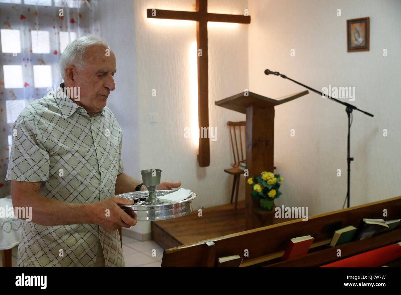 Sunday service at a Protestant church. Holy communion. Cluses. France ...
