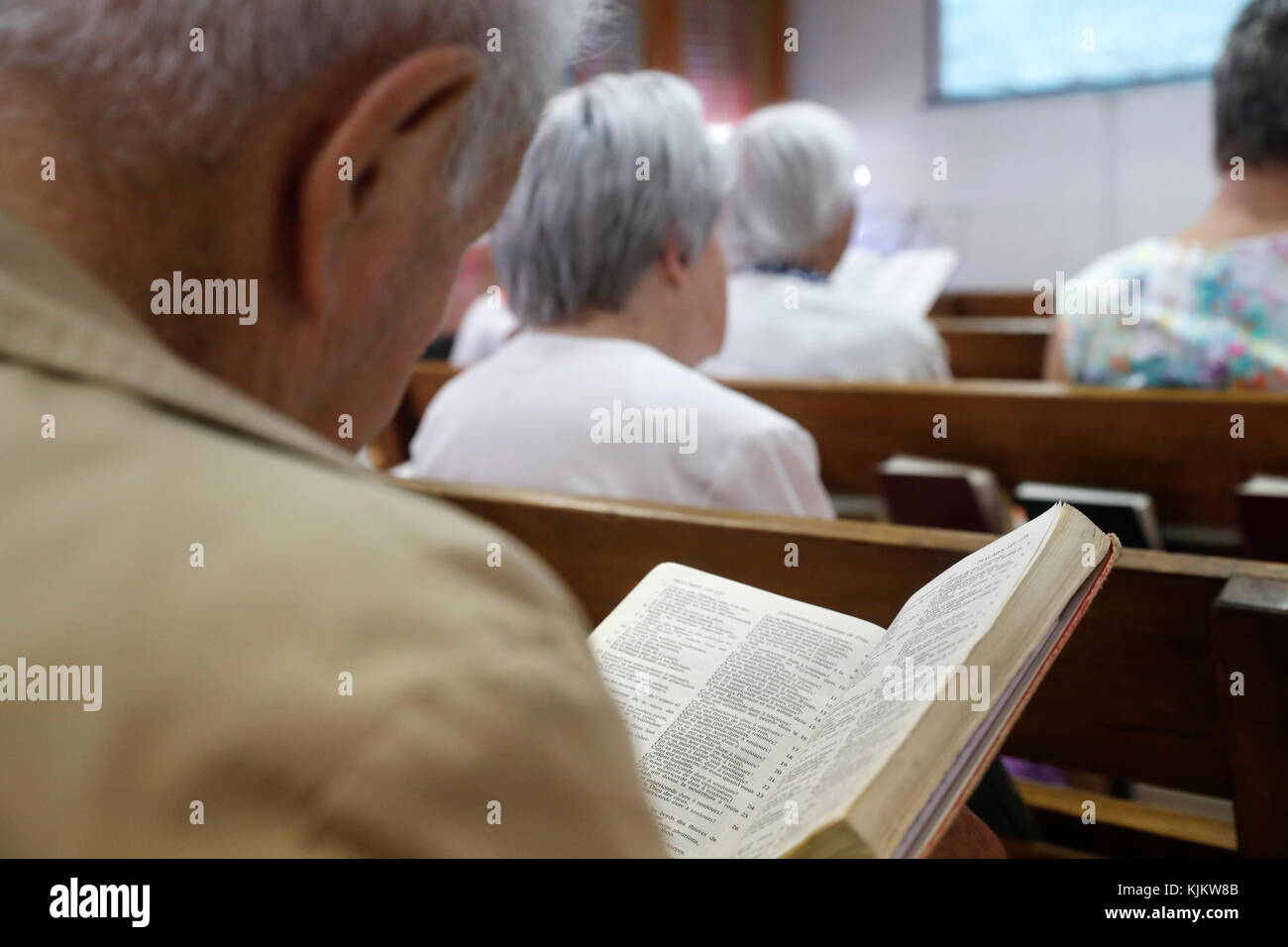 Sunday service at a Protestant church. Holy bible. Cluses. France Stock ...