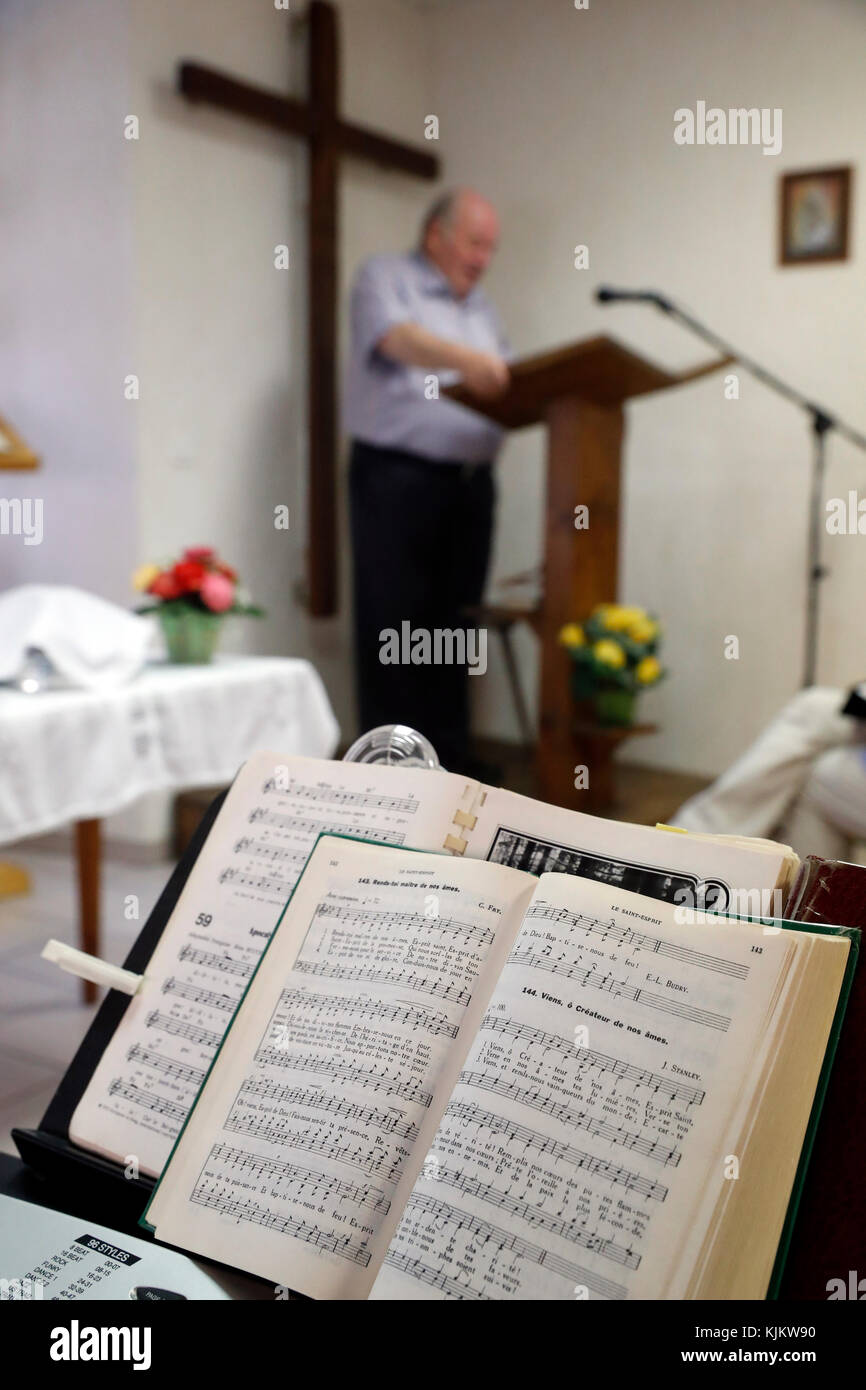 Sunday service at a Protestant church. Cluses. France Stock Photo - Alamy