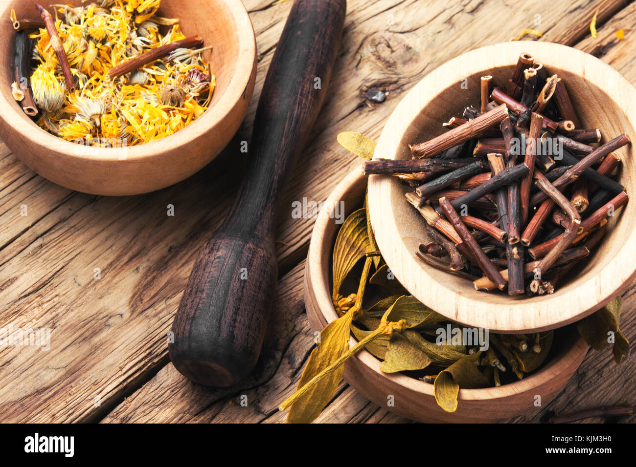 Healing herbs, plants and roots in wooden pots Stock Photo - Alamy