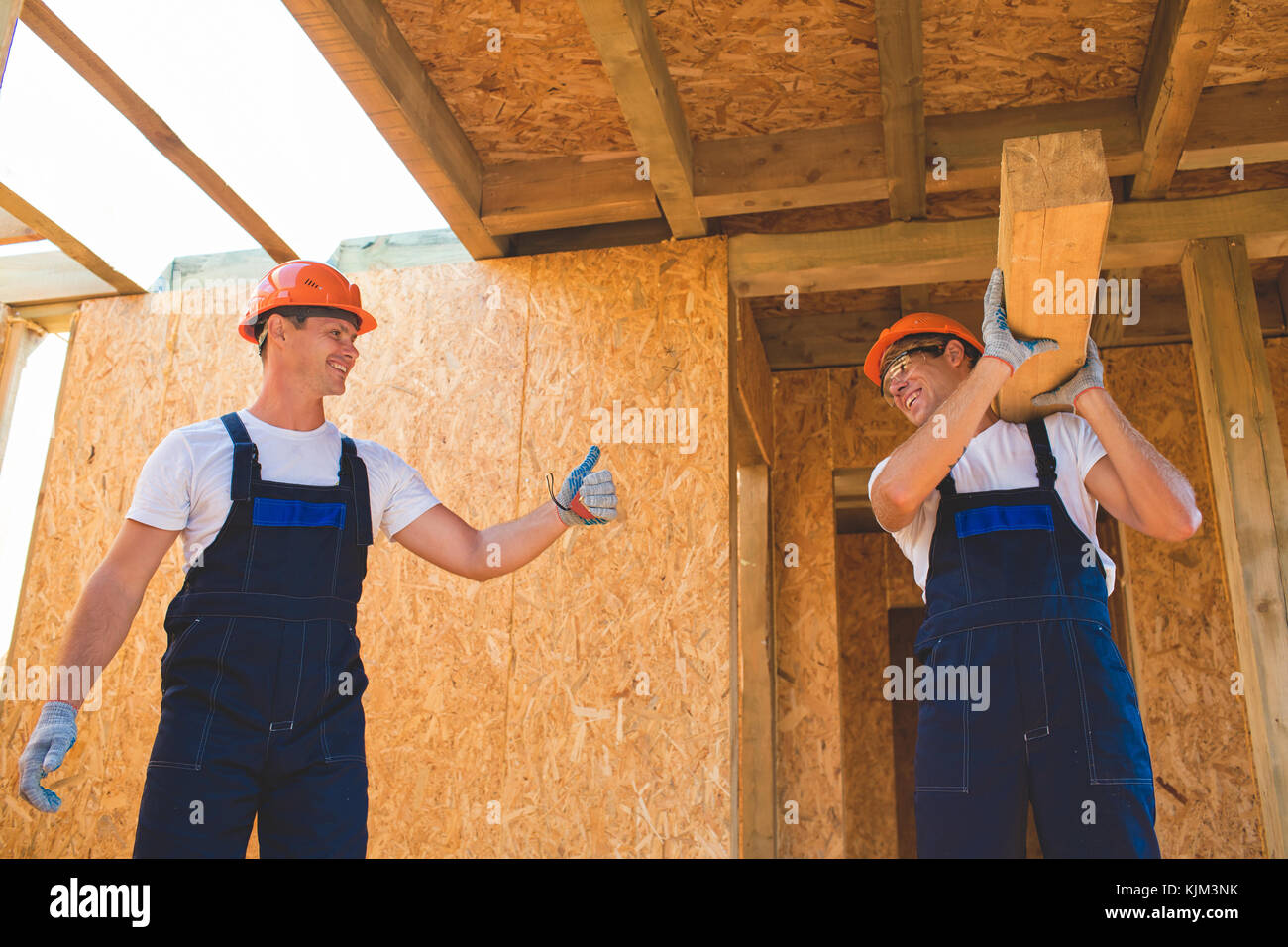 Two young man building wooden house. Ecology concept Stock Photo - Alamy