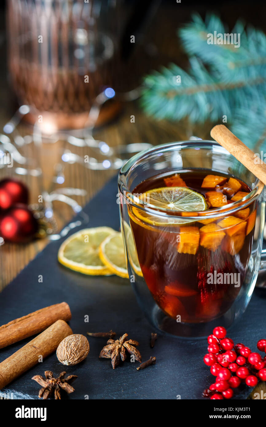 Hot wine, a traditional drink with a rich taste of spices. Warming in ...