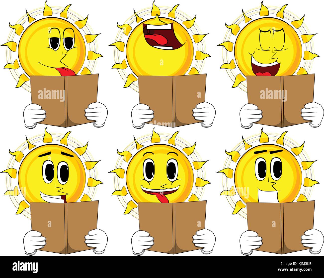 Cartoon sun reading a book. Collection with happy faces. Expressions ...