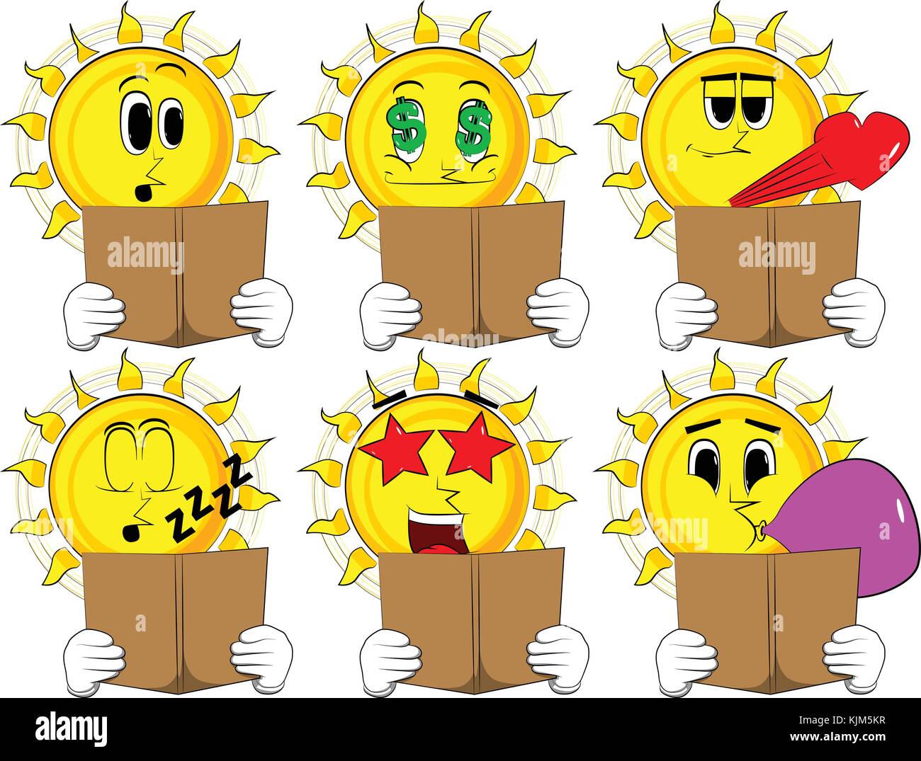Cartoon sun reading a book. Collection with various facial expressions ...