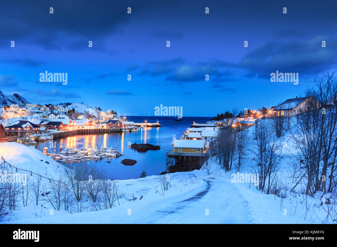 The fisherman village Sorvagen on Lofoten Islands by night, Norway ...