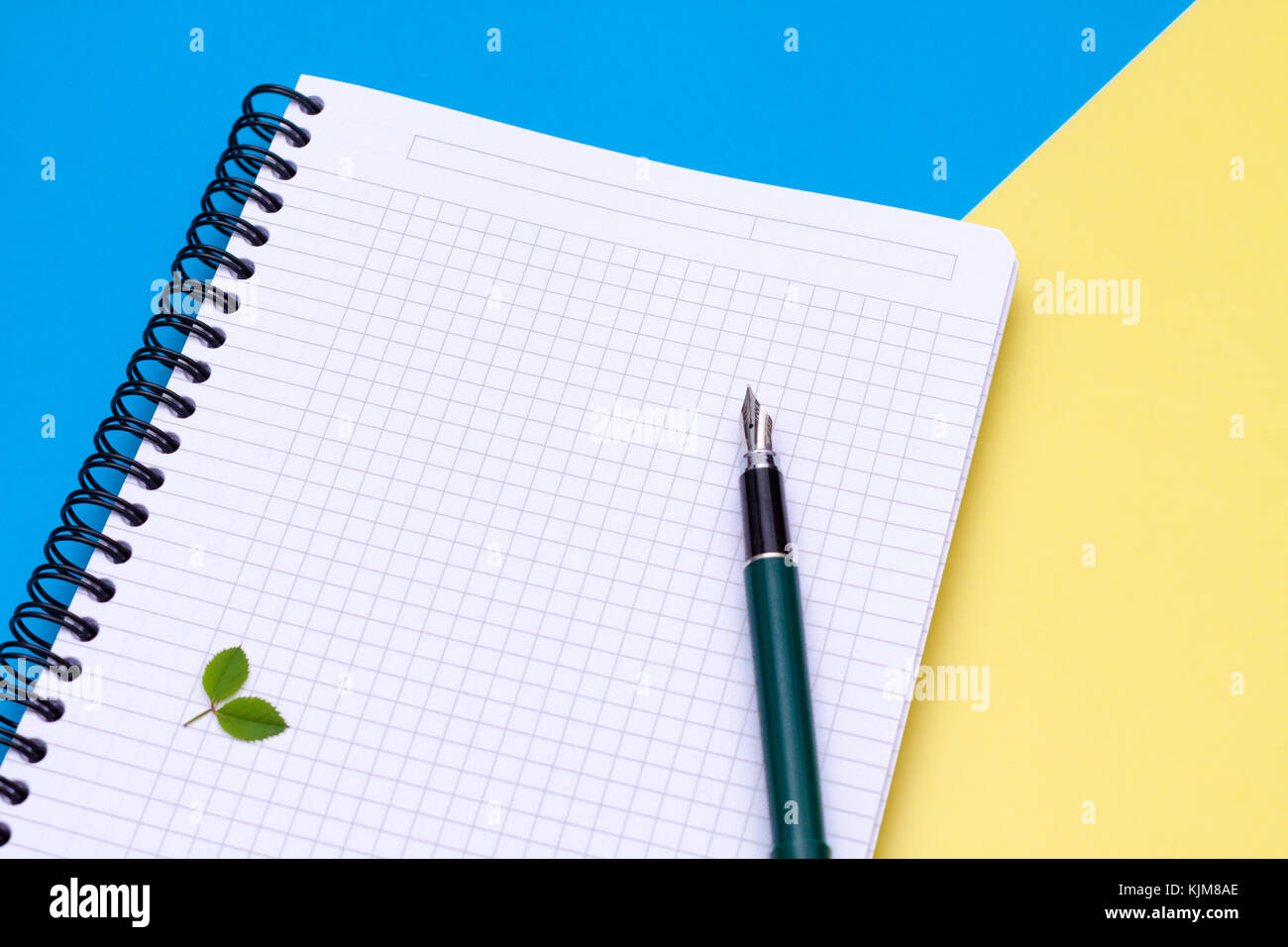 Top view on a blank notebook with pen flat lay on blue and yellow ...