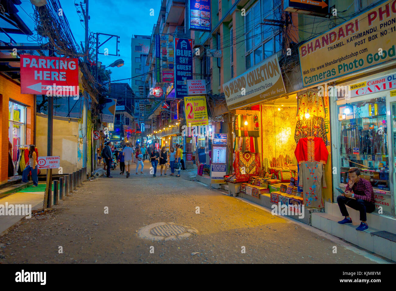 THAMEL, KATHMANDU NEPAL - OCTOBER 02, 2017: Unidentified people walking ...