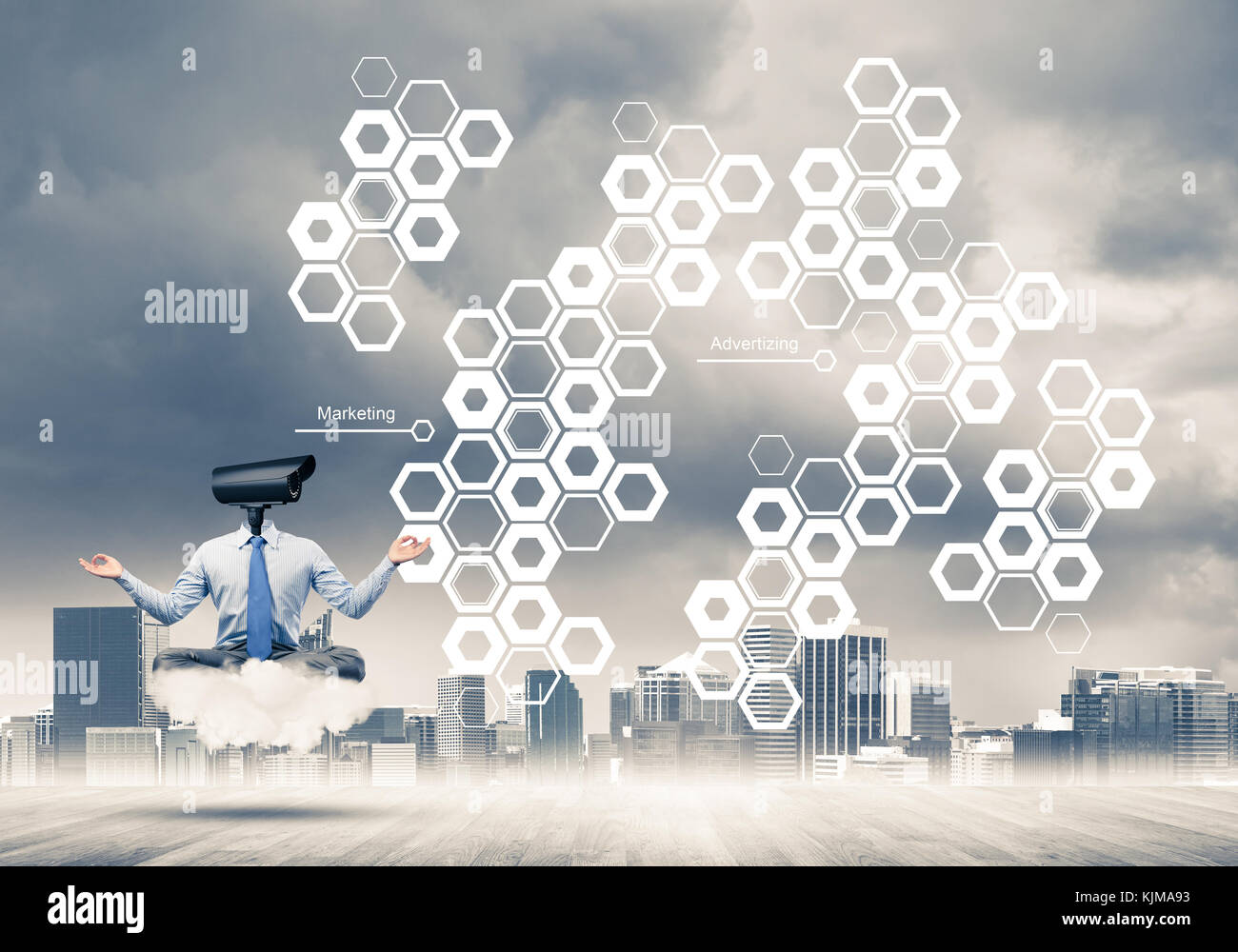 Camera headed man sitting in lotus pose on cloud against modern Stock ...