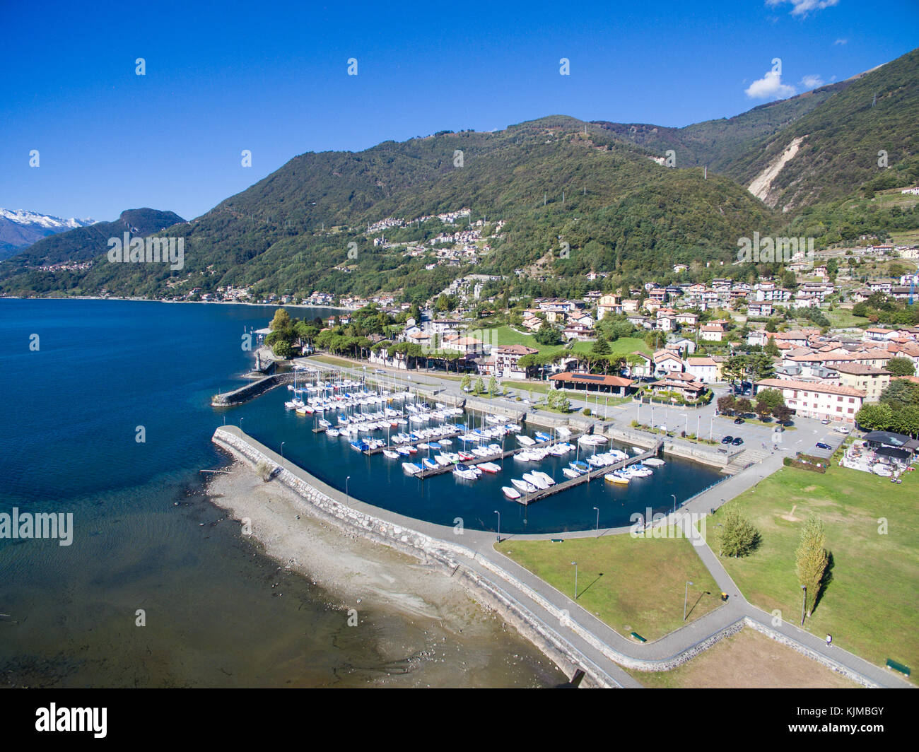 Port of Gera Lario - Como lake in Italy (boats in a port) - Aerial view ...
