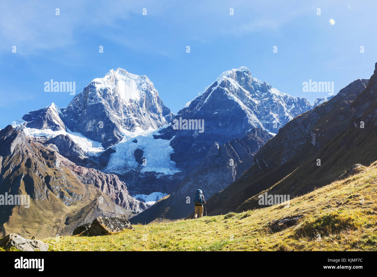 Hiking scene in Cordillera mountains, Peru Stock Photo - Alamy