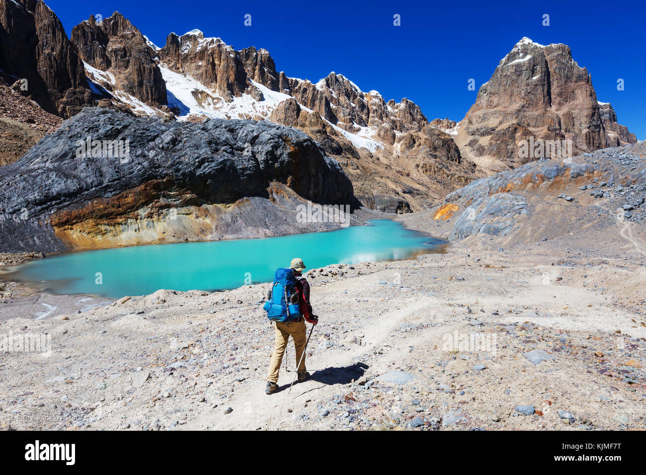 Hiking scene in Cordillera mountains, Peru Stock Photo - Alamy