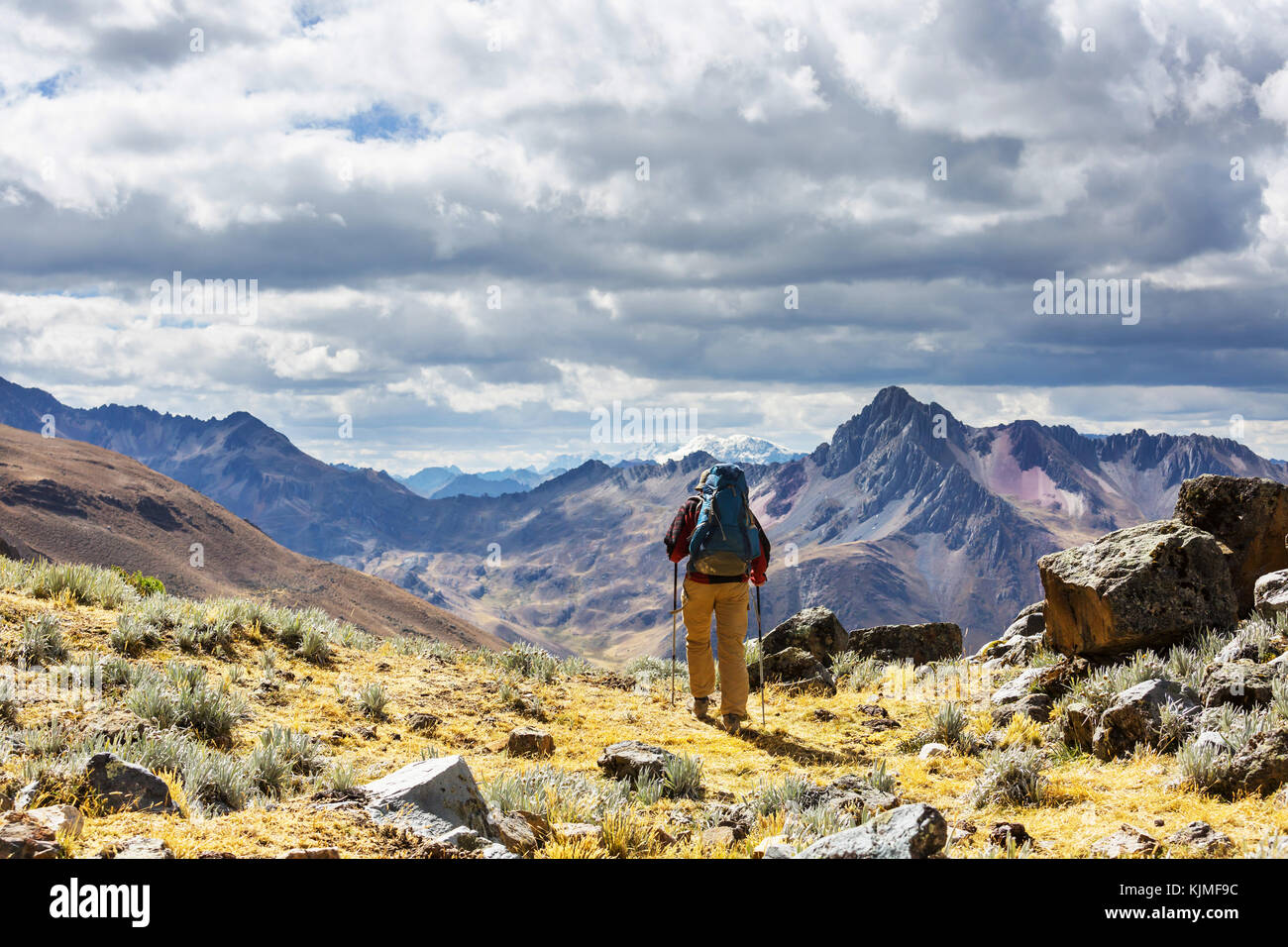 Hiking scene in Cordillera mountains, Peru Stock Photo - Alamy