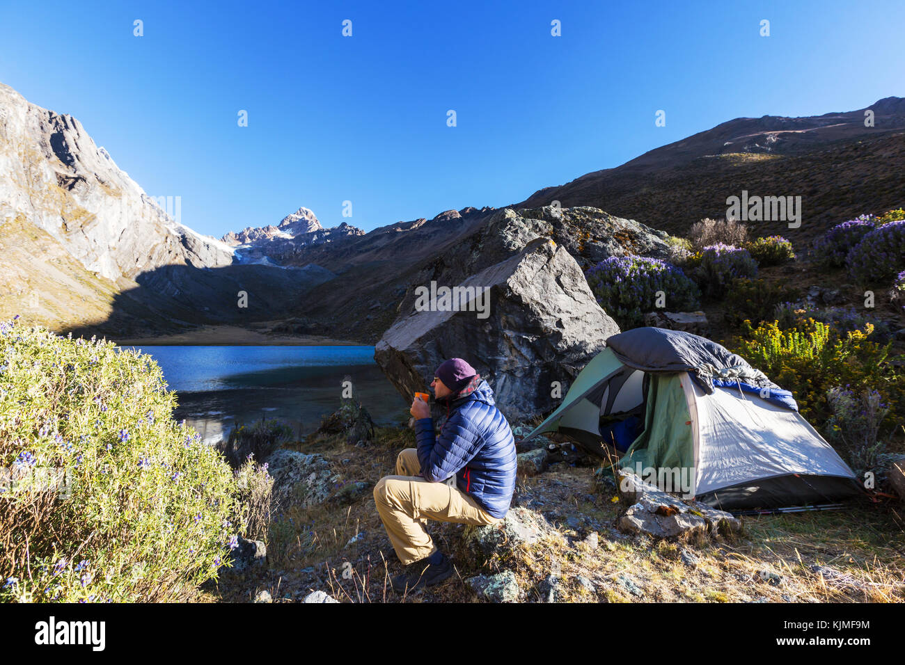 Hiking scene in Cordillera mountains, Peru Stock Photo - Alamy