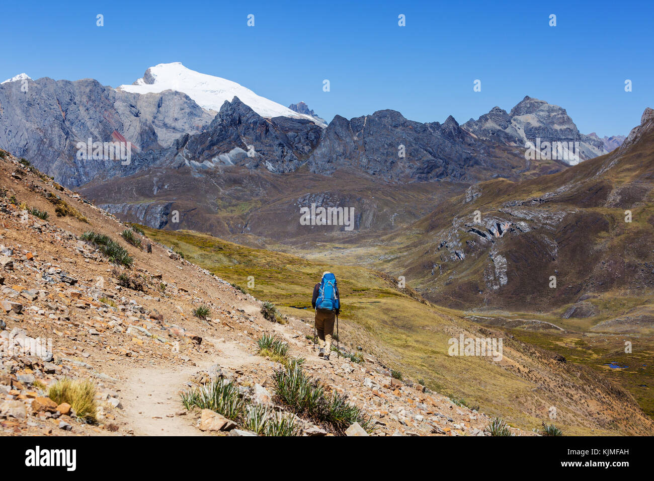 Hiking scene in Cordillera mountains, Peru Stock Photo - Alamy