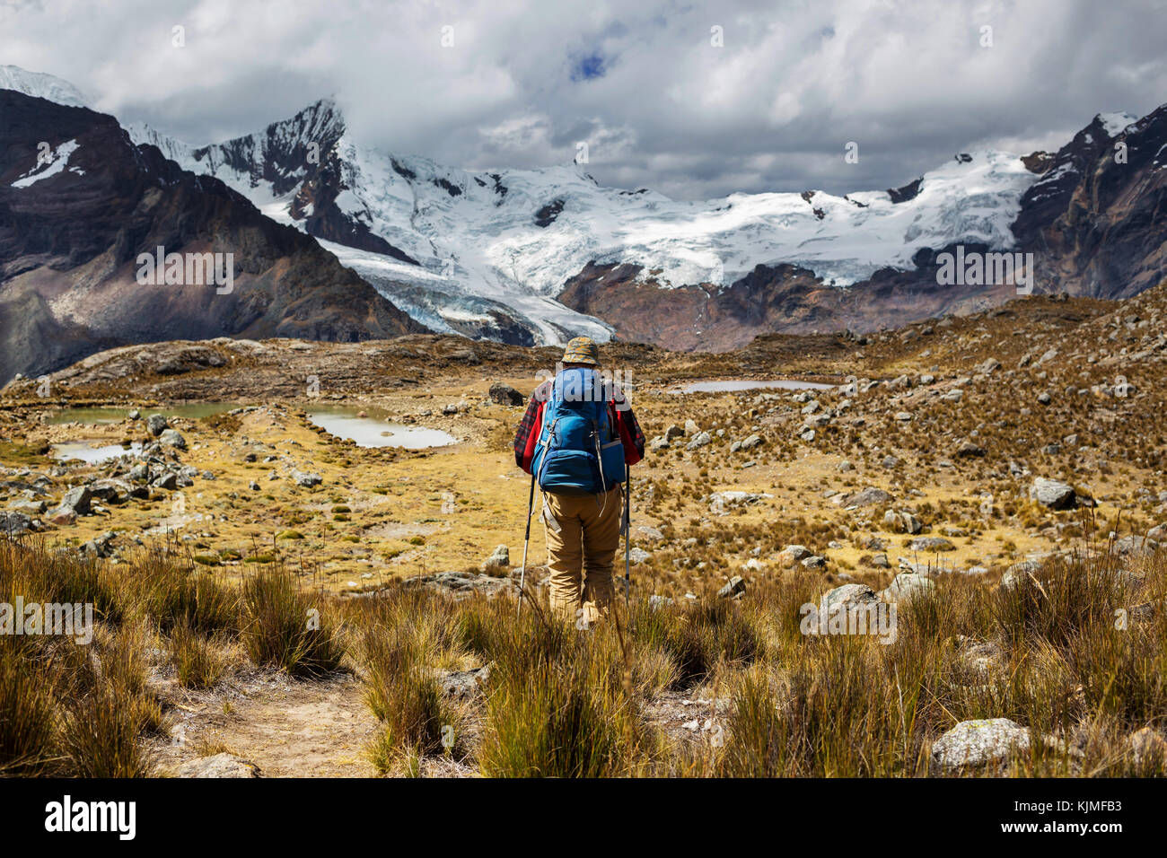 Hiking scene in Cordillera mountains, Peru Stock Photo - Alamy