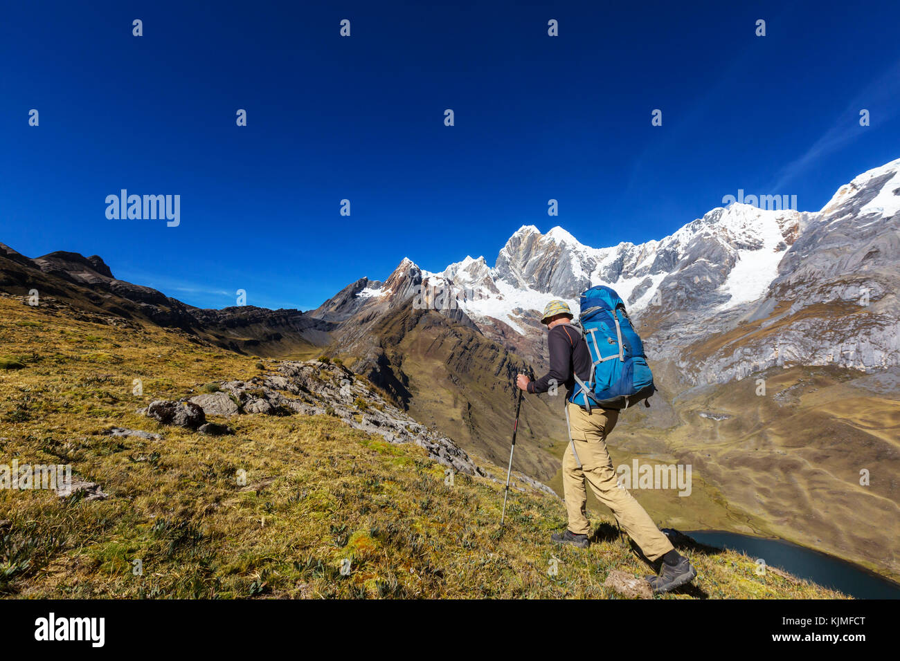 Hiking scene in Cordillera mountains, Peru Stock Photo - Alamy