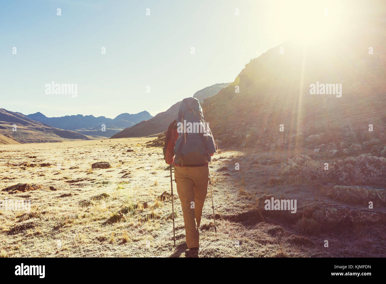 Hiking scene in Cordillera mountains, Peru Stock Photo - Alamy
