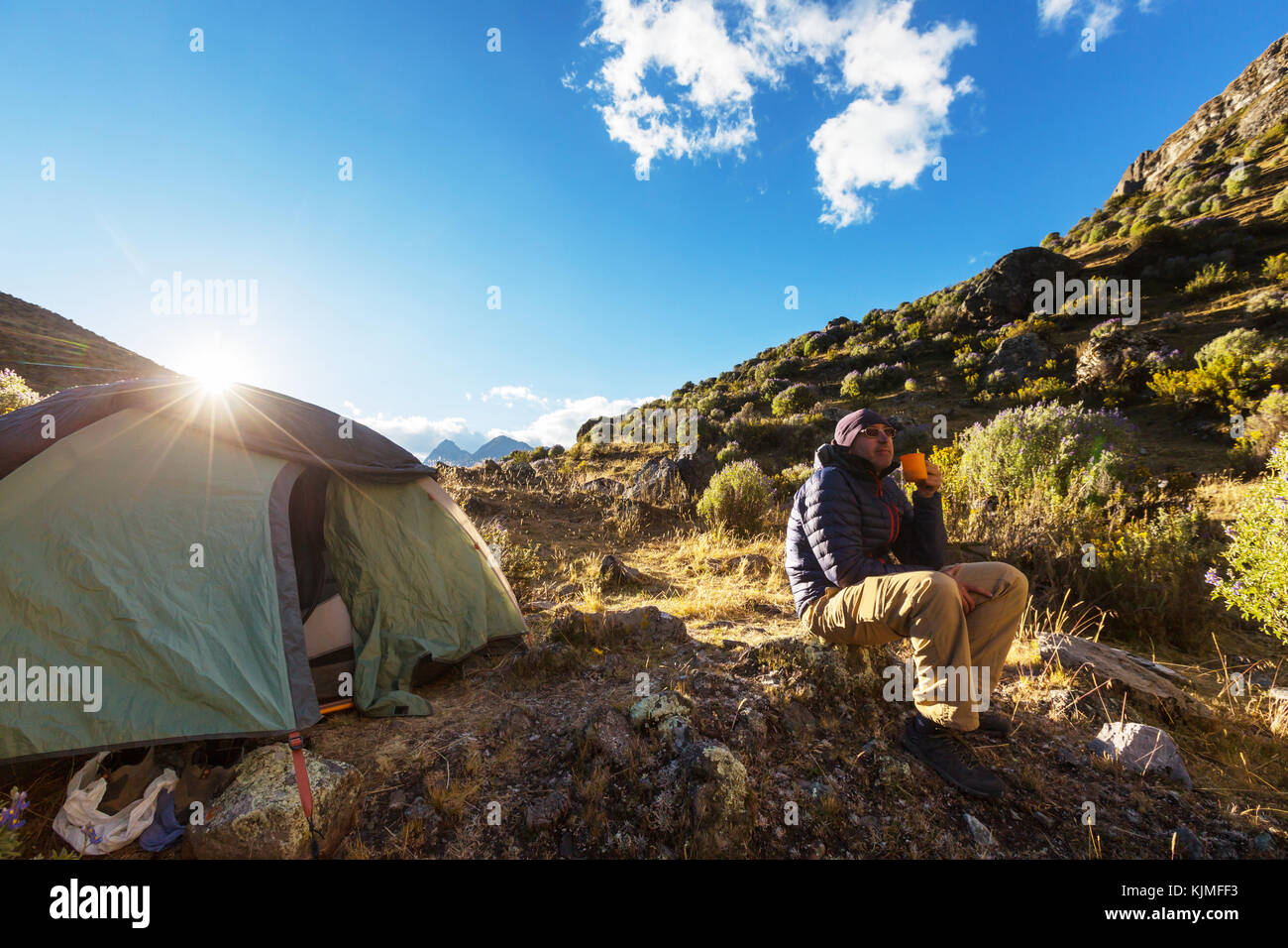 Hiking scene in Cordillera mountains, Peru Stock Photo - Alamy