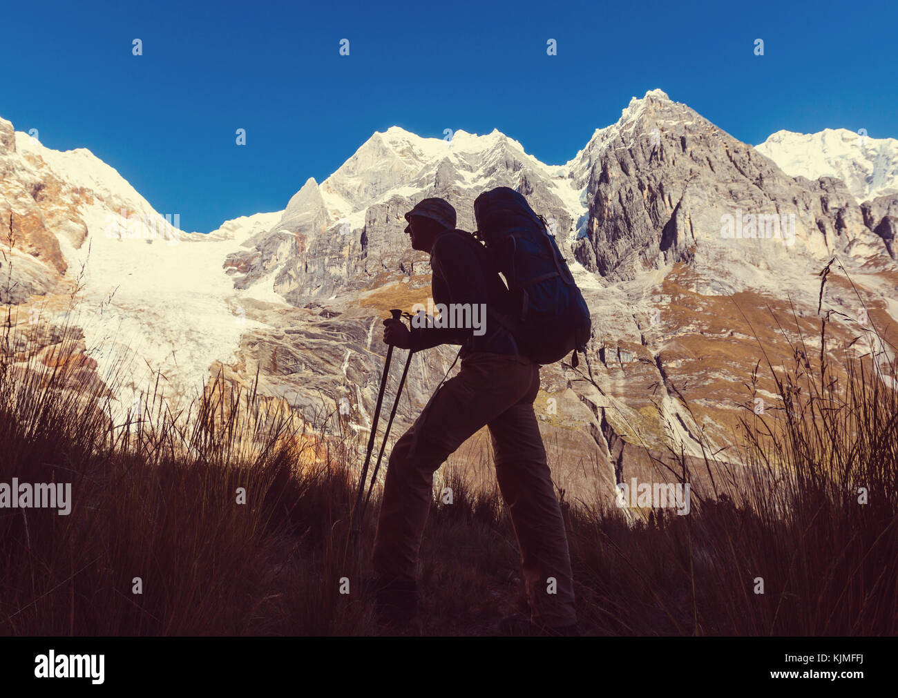 Hiking scene in Cordillera mountains, Peru Stock Photo - Alamy