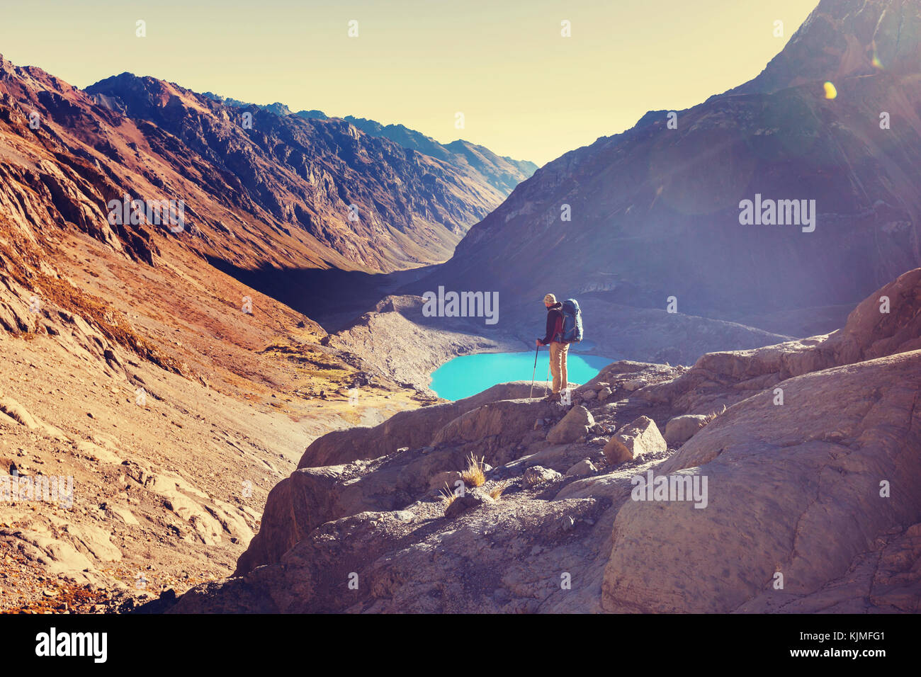 Hiking scene in Cordillera mountains, Peru Stock Photo - Alamy
