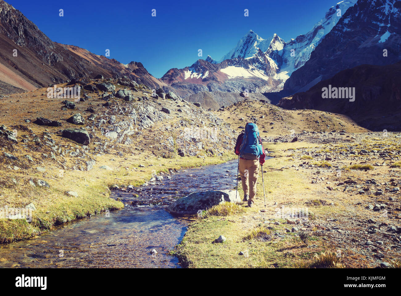Hiking scene in Cordillera mountains, Peru Stock Photo - Alamy
