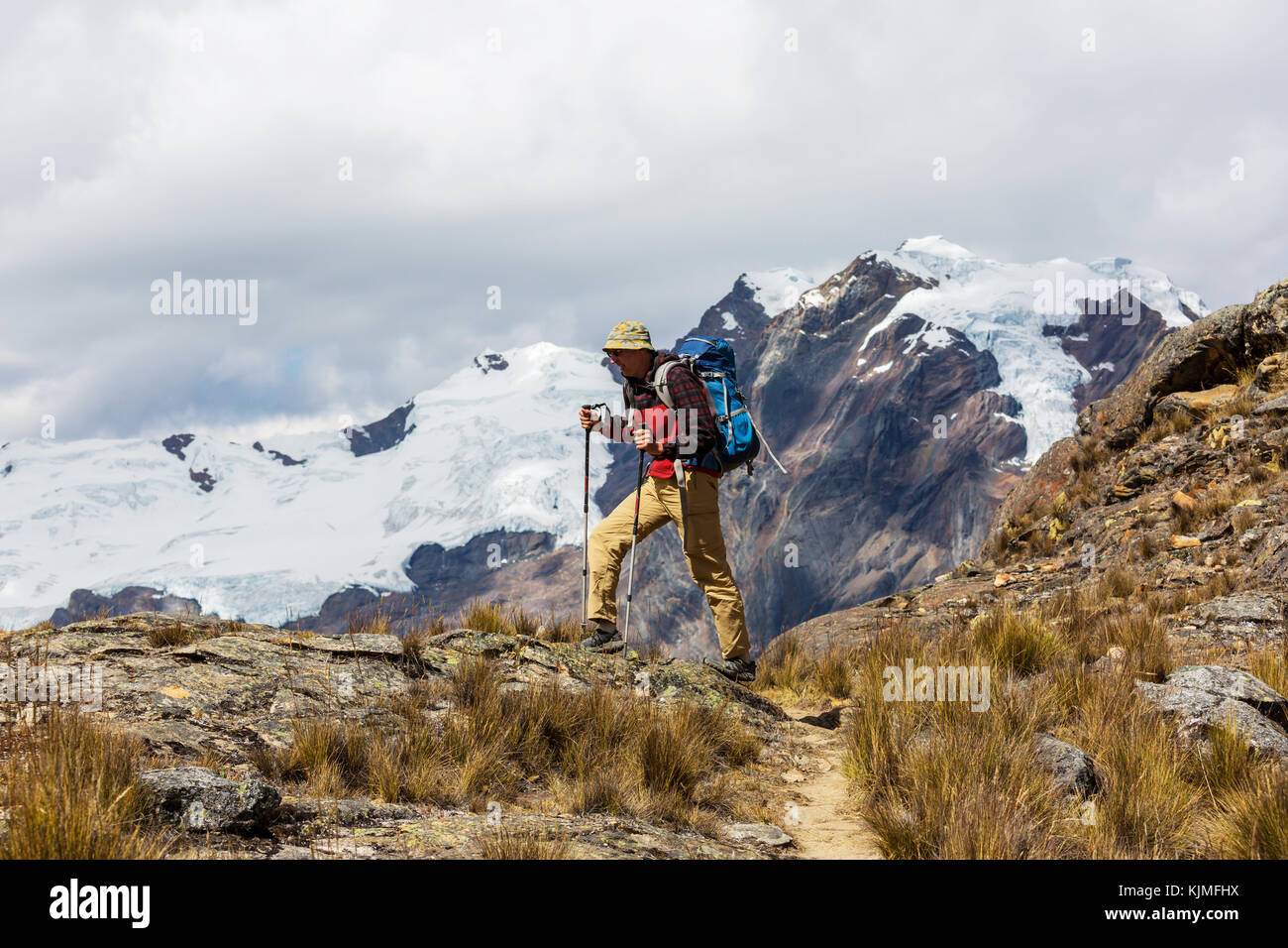 Hiking scene in Cordillera mountains, Peru Stock Photo - Alamy