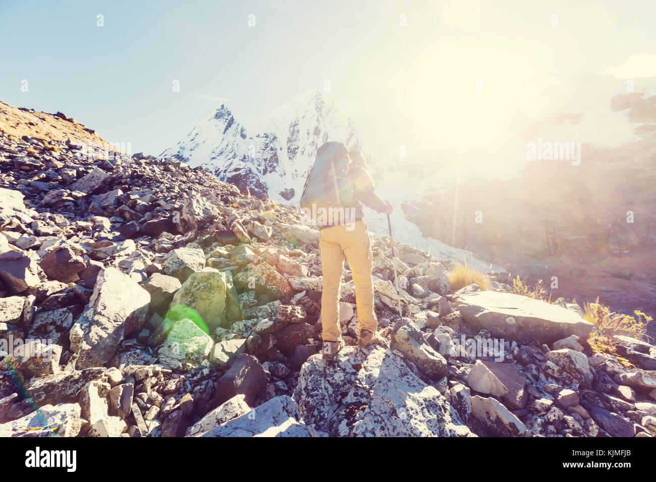 Hiking scene in Cordillera mountains, Peru Stock Photo - Alamy