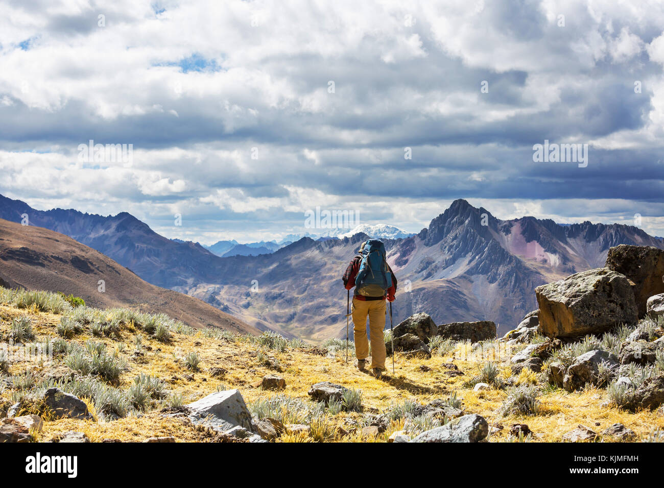 Hiking scene in Cordillera mountains, Peru Stock Photo - Alamy