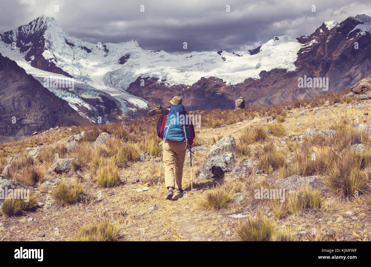 Hiking scene in Cordillera mountains, Peru Stock Photo - Alamy
