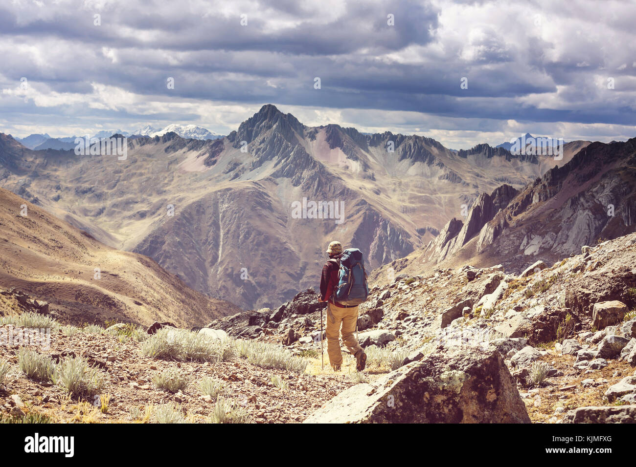 Hiking scene in Cordillera mountains, Peru Stock Photo - Alamy