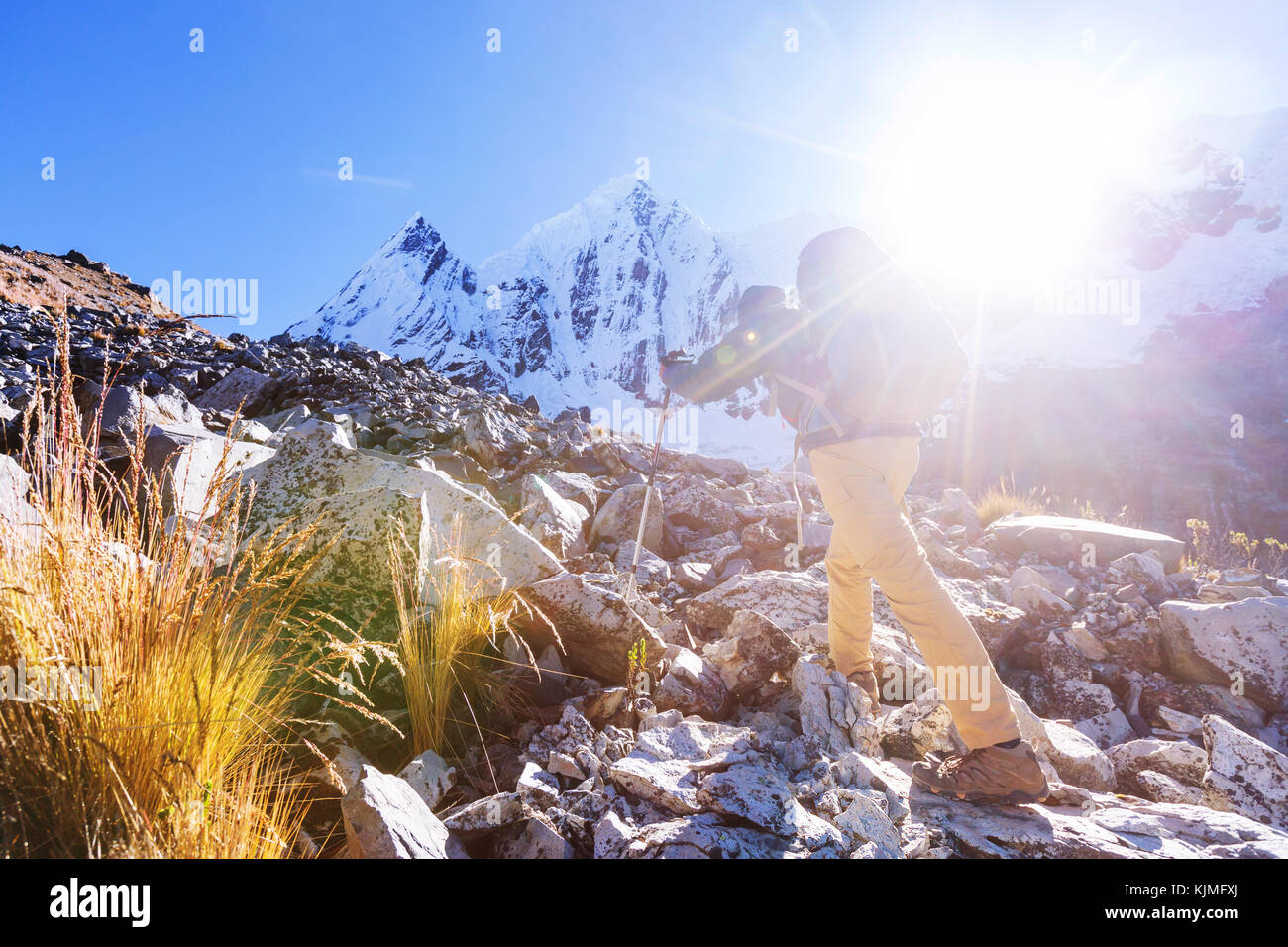 Hiking scene in Cordillera mountains, Peru Stock Photo - Alamy