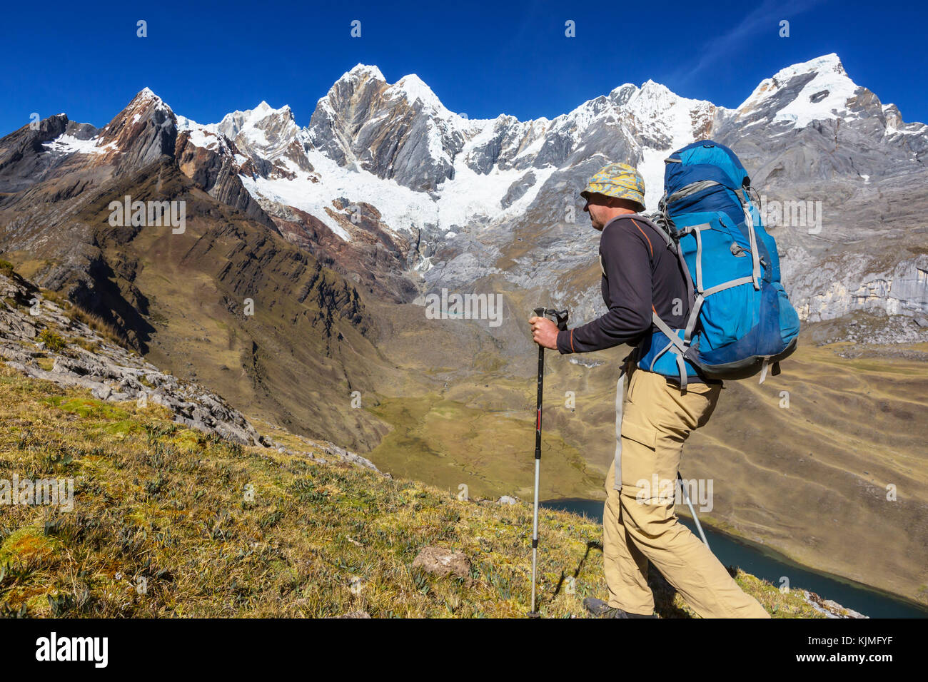 Hiking scene in Cordillera mountains, Peru Stock Photo - Alamy