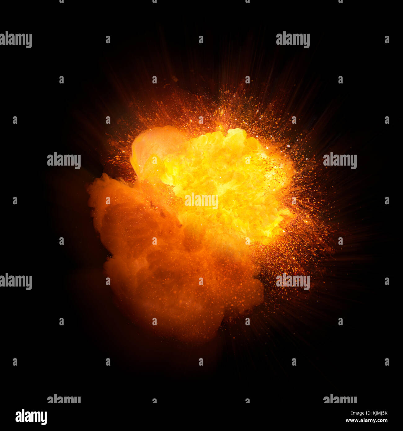 Realistic fire explosion, orange color with blue cast and sparks ...