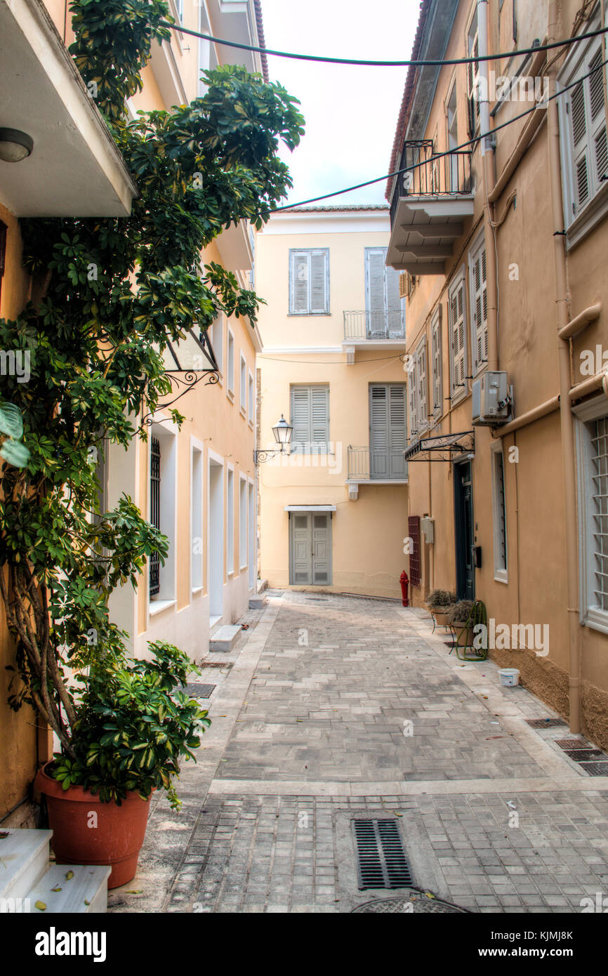 A typical street with historical buildings in the ancient town Nafplio ...
