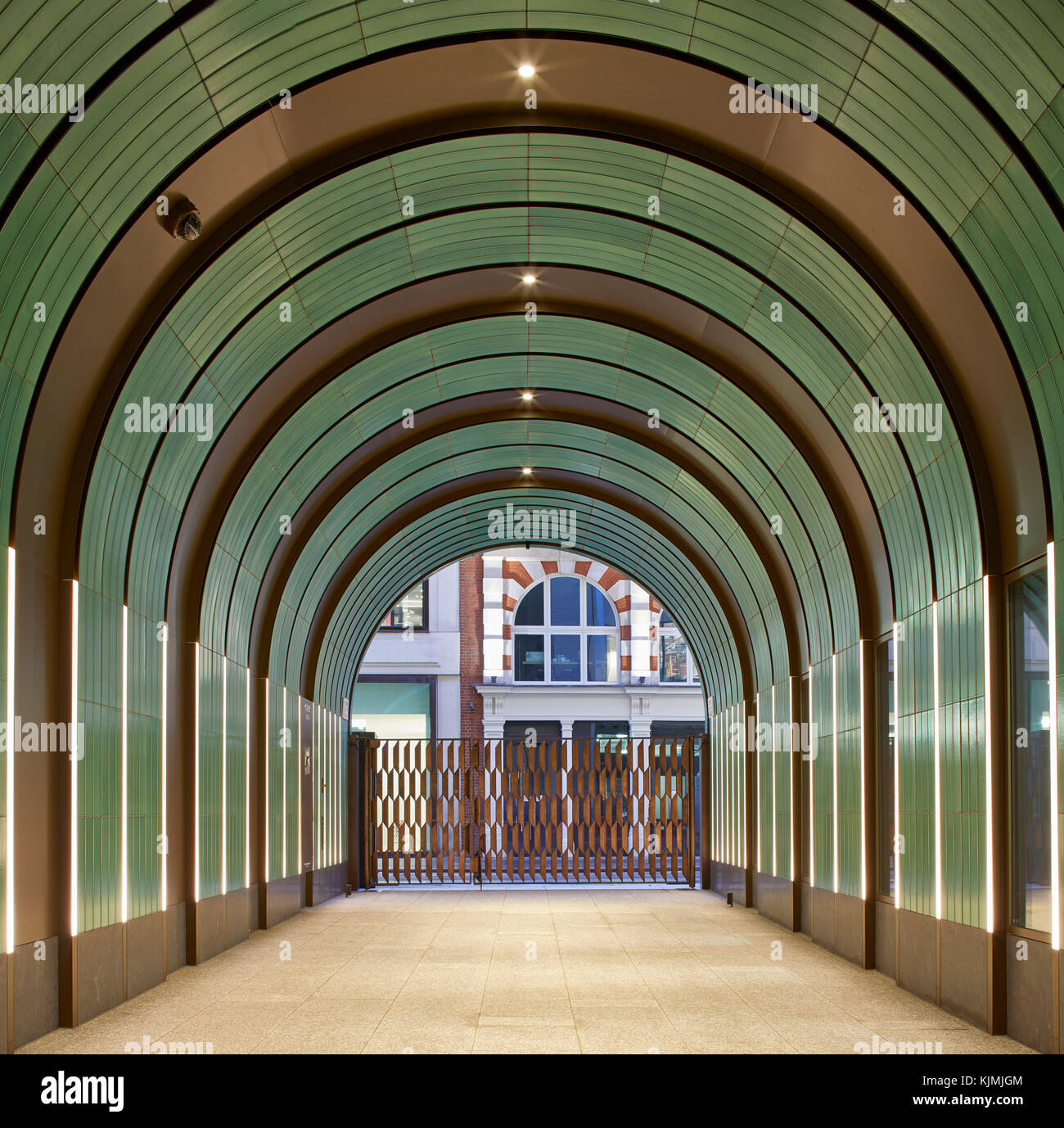 View through ceramic clad entrance tunnel. Rathbone Square, London ...
