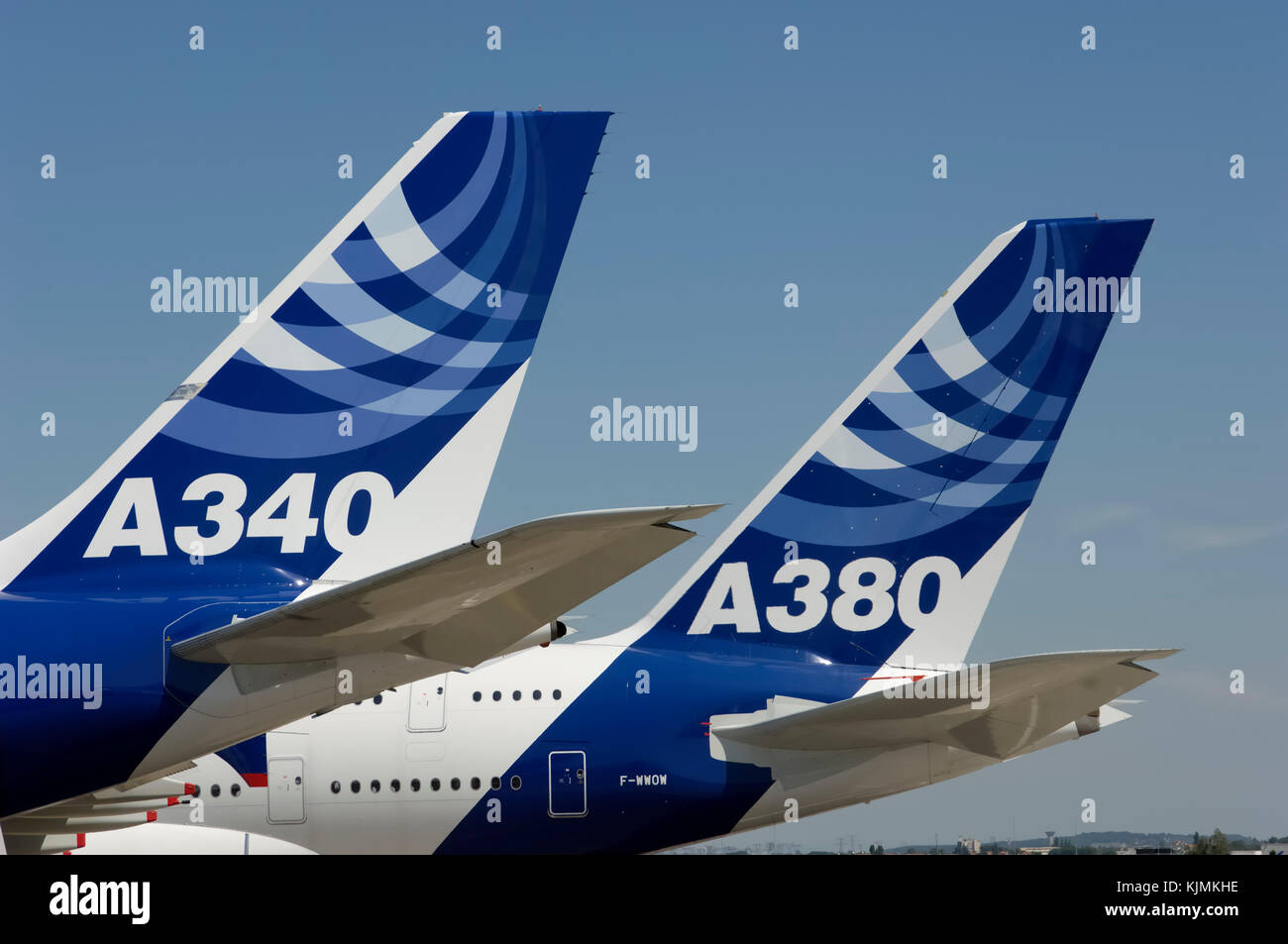 Airbus A340-600 and A380 tails with Airbus logos parked in the static ...