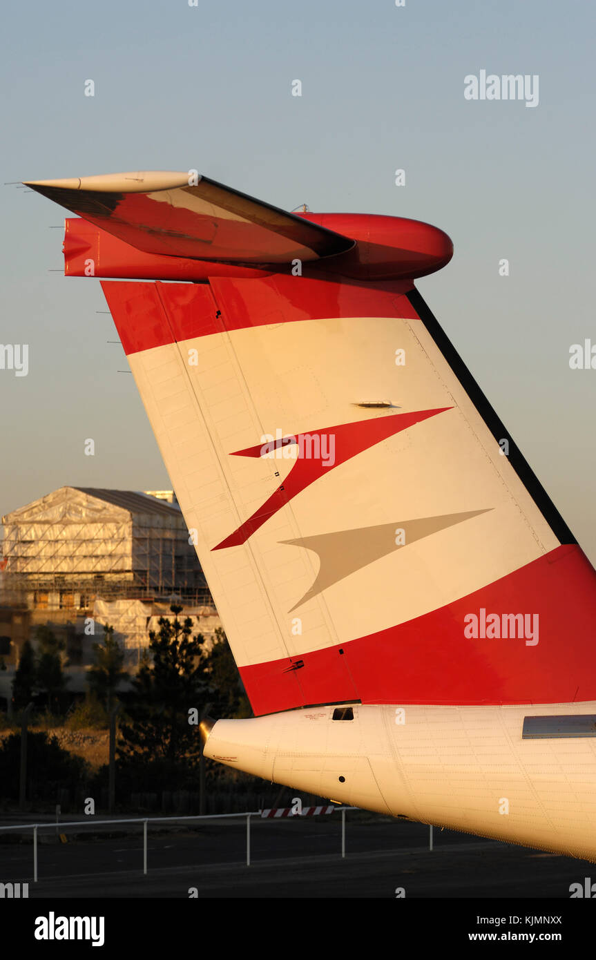 tail-fin of the Austrian Arrows Bombardier DHC-8 Q400 parked in the ...