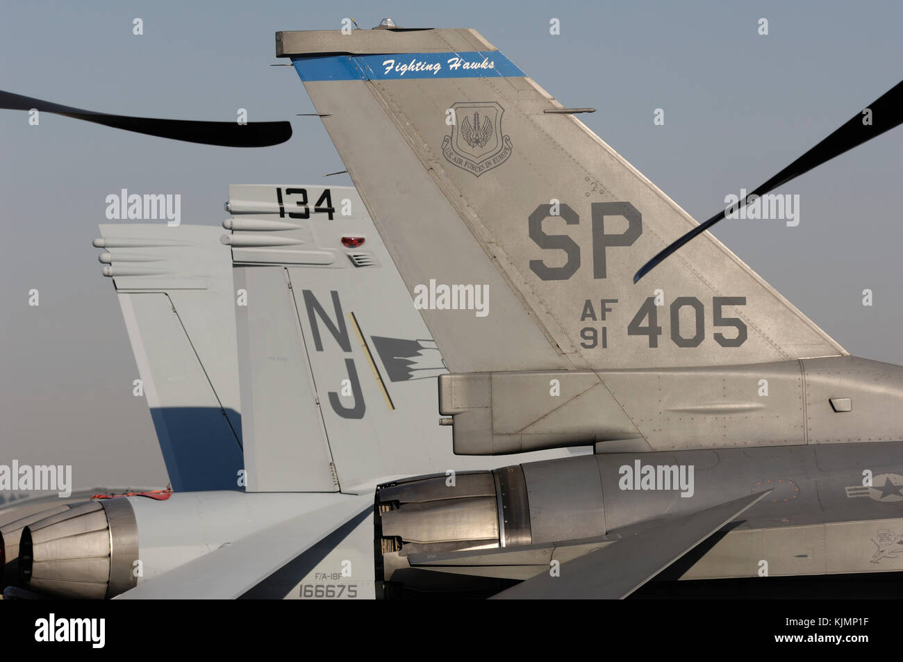 tail-fins of the USAF Lockheed Martin F-16CJ Fighting Falcon and US ...