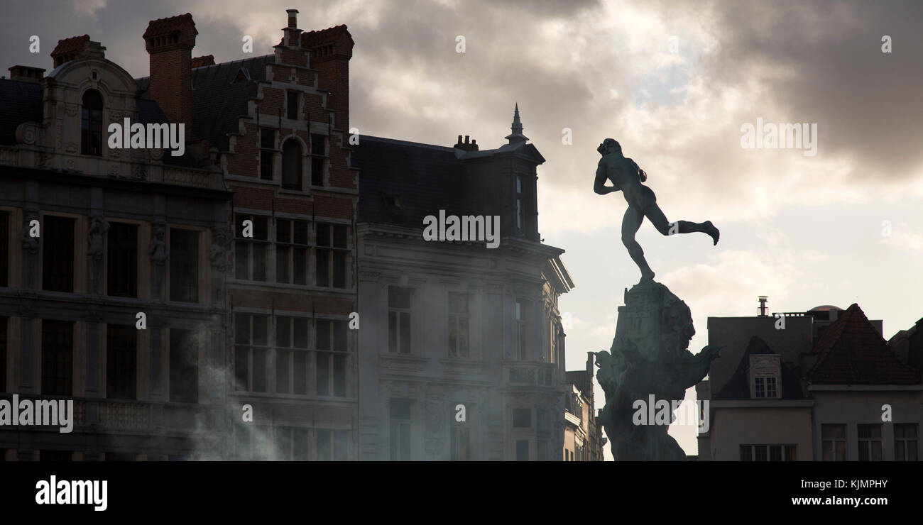 Statue of Silvius Brabo in Antwerp, Belgium. The Brabo fountain depicts ...