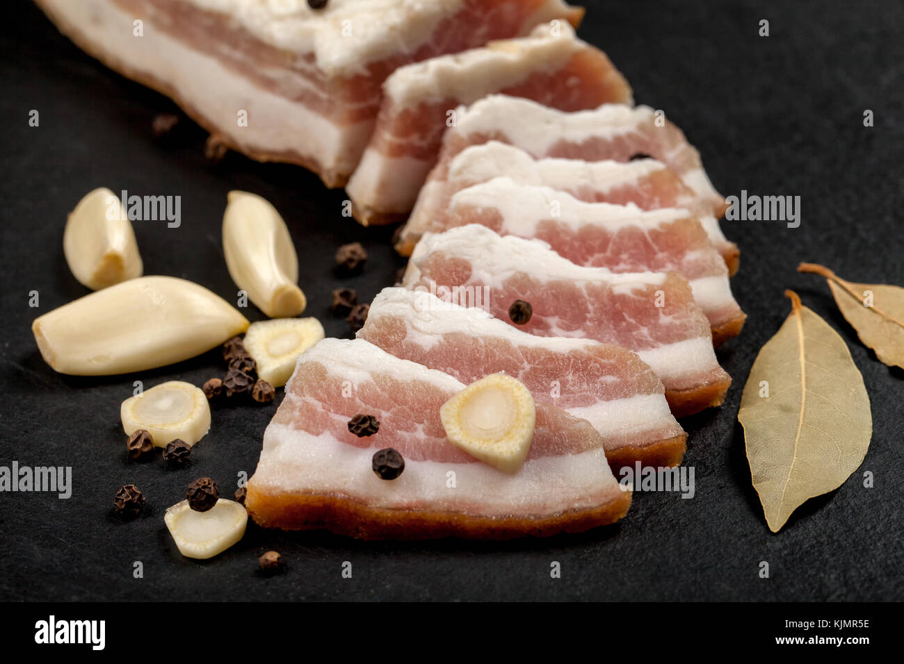 Fresh bacon with garlic and peppercorns, bay leaf. Ukrainian ...